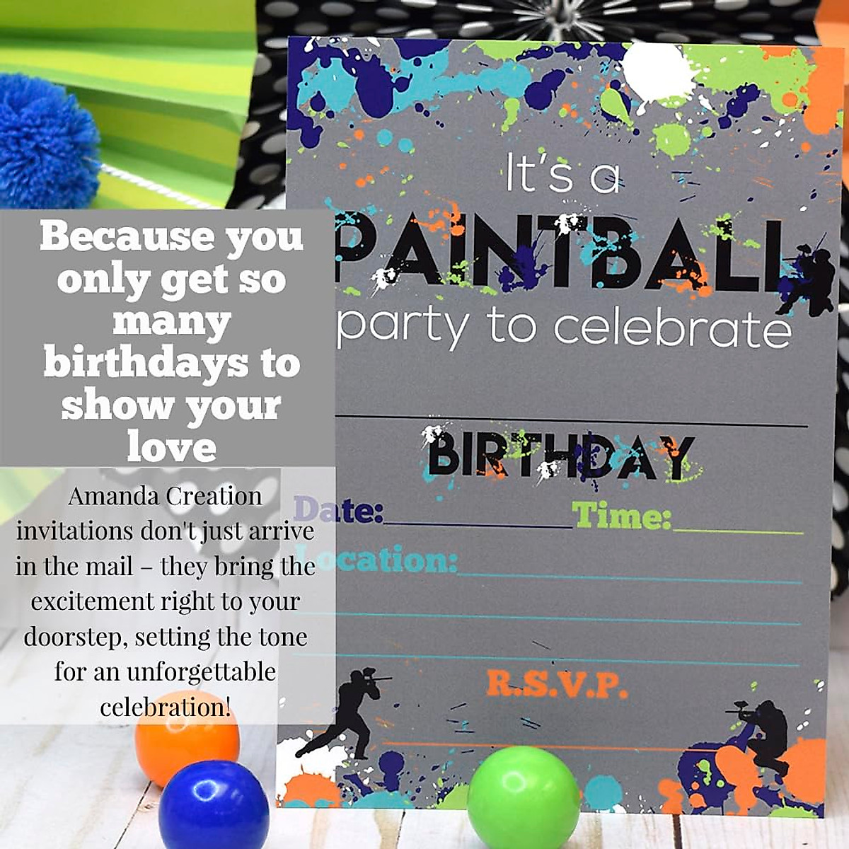 Paintball Themed Birthday Party Invitations, 20 5x7 Fill In Cards with Twenty White Envelopes by AmandaCreation