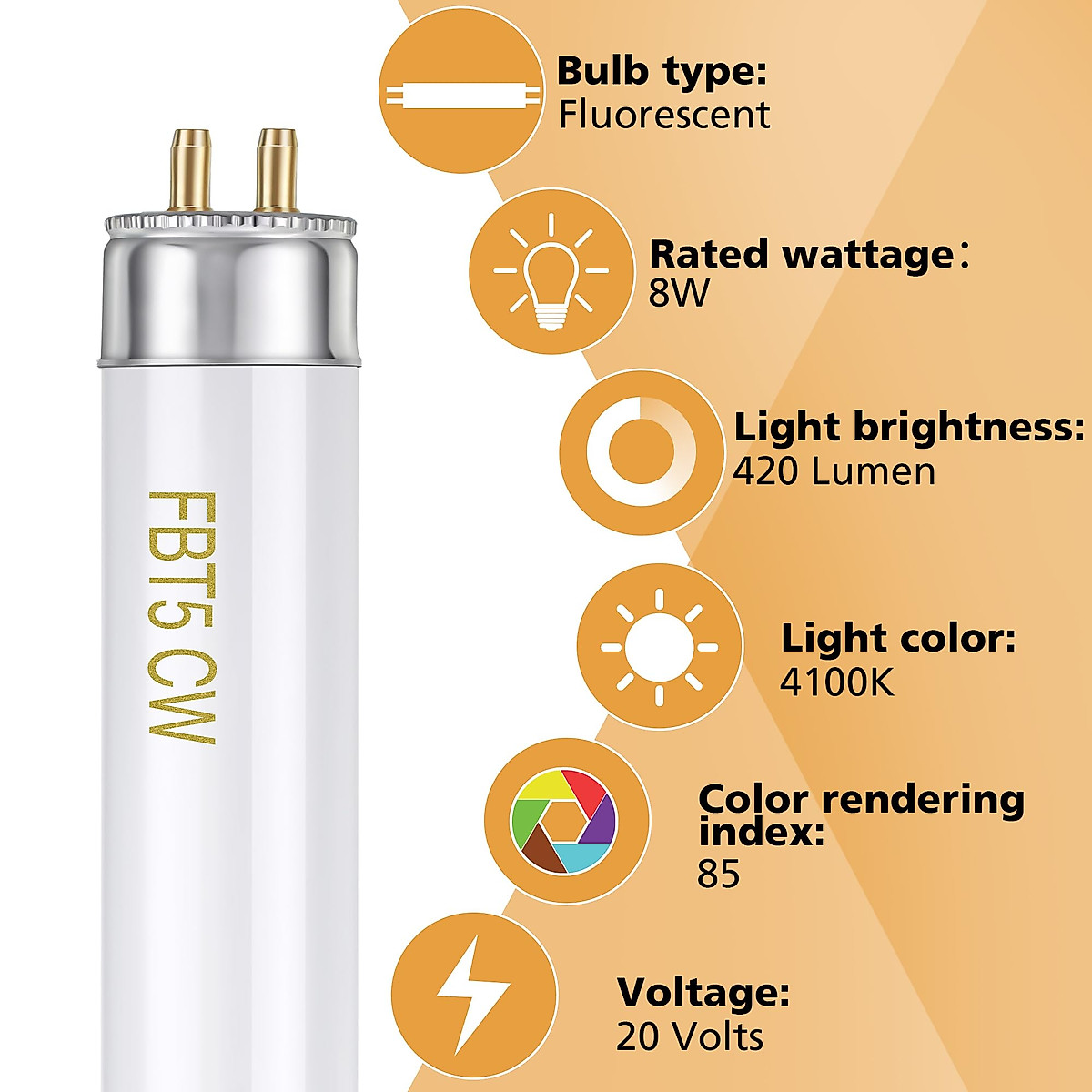 Hiboom 6 Pack F8T5 4100K Fluorescent Light Bulbs with G5 Mini Bi Pin Base, 12 Inches 8W Cool White T5 Tube Replacement for Under Cabinet Light, Kitchen, RV, Closet