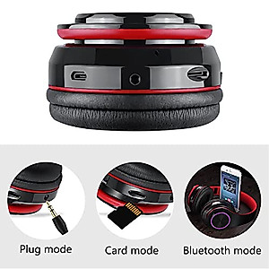 LFGKeng Wireless Bluetooth Headphones with Colorful LED Lights, Built-in Mic, Light Weight, Foldable, Wired HiFi Stereo Headphones for Classroom/Home Office/PC/Mobile Phone/Kids Adult (Black Red)