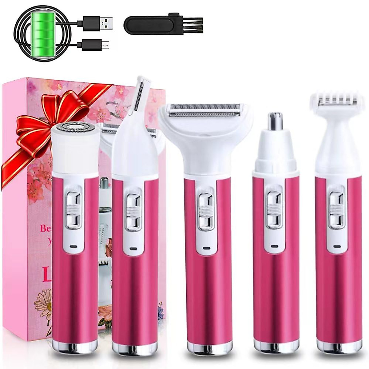 Electric Lady Shaver,Women Razors for Shaving 5-in-1 Set Painless Hair Shaver for Women Face, Eyebrow, Legs and Underarm, Portable Bikini Trimmer Wet & Dry Hair Removal, Micro USB Rechargeable