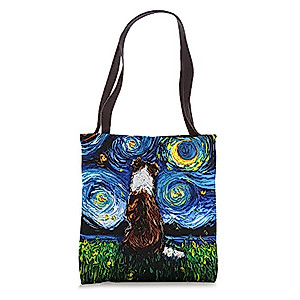 Red and White Border Collie Back Starry Night Dog Art by Aja Tote Bag