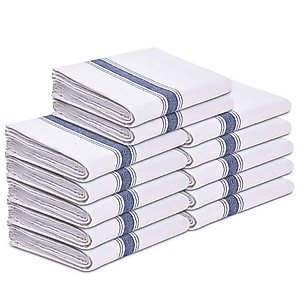 TALVANIA Kitchen Dish Towels 100% Cotton White Flour Sack Tea Cloth with Blue Herringbone Stripe, Pack of 12 Perfect Classic Dish Towel 15” x 25” Dishcloths for Bars Kitchens Counters etc.