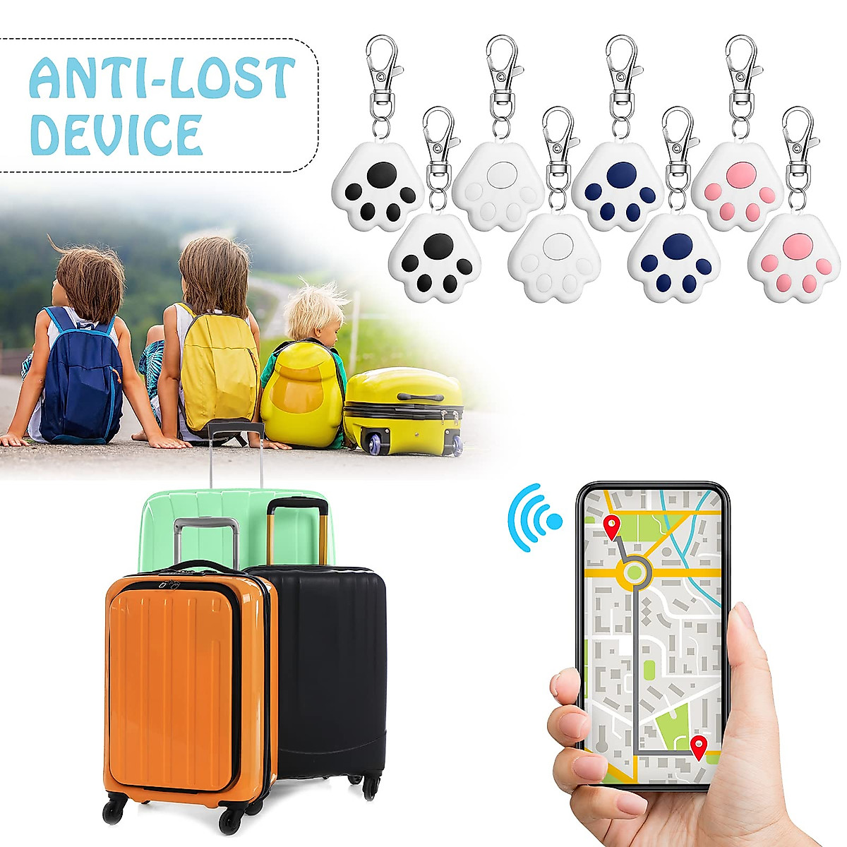 8 Pcs Smart GPS Dog Tracker Kids GPS Keychain Tracker Trackable Key Finders Cute Pet Locator Portable Tracking Devices for Kids Pets Dog Cat Collar Wallet Luggage Smart Phone