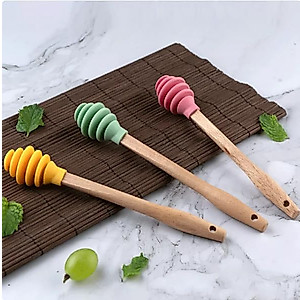 1PC Yellow Honey Dipper Sticks,Wood Honey Dipper Sticks Silicone Honey Sauce Stirrer Spoon Wooden Honey Mixing Stirrer for Kitchen Tool,Easy to Clean and Store,Kitchen and Dining