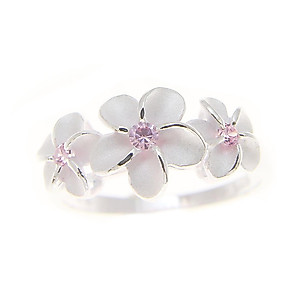 Arthur's Jewelry Sterling silver 925 3 Hawaiian plumeria flower ring pink cz size 10