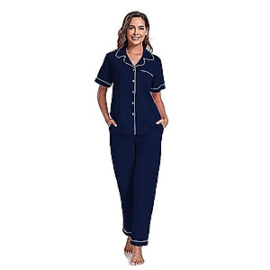 COLORFULLEAF Women's 100% Cotton Pajama Set Summer Button Down Short Sleeve Shirt and Long Pants Sleepwear Soft Lounge Sets(Navy Blue, L)