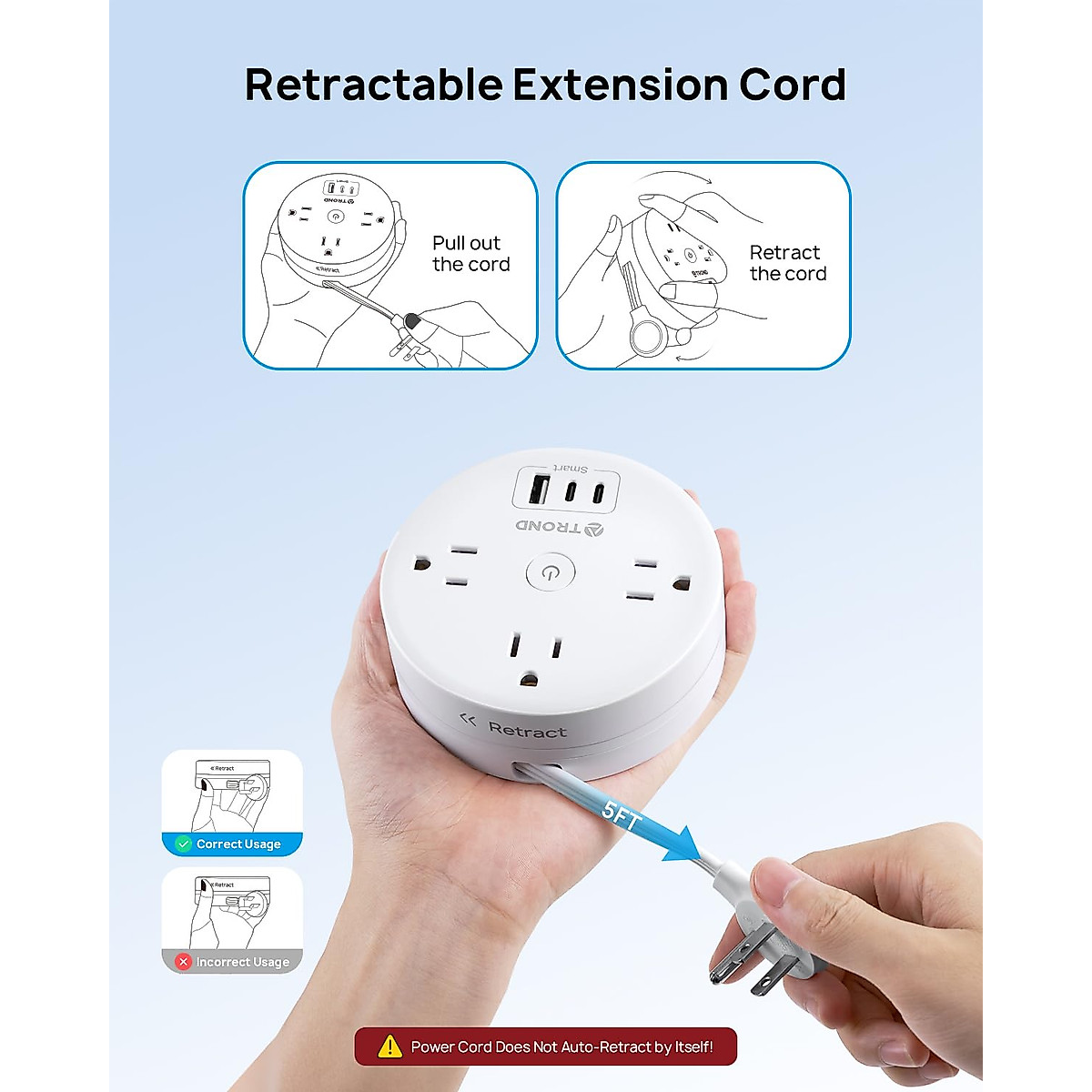 TROND Travel Power Strip - Retractable Extension Cord 5ft Ultra Thin Flat Plug, Retractable Power Strip with 3 AC Outlets 3 USB Ports (2 USB C), Cruise Ship Essentials, for Home Hotel Dorm Room, White