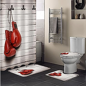 BestLives 4 Pcs Shower Curtain Sets with Rugs Red Boxing Glove Non-Slip Soft Toilet Lid Cover for Bathroom Wood Grain Barn Door Bathroom Sets with Bath Mat and 12 Hooks