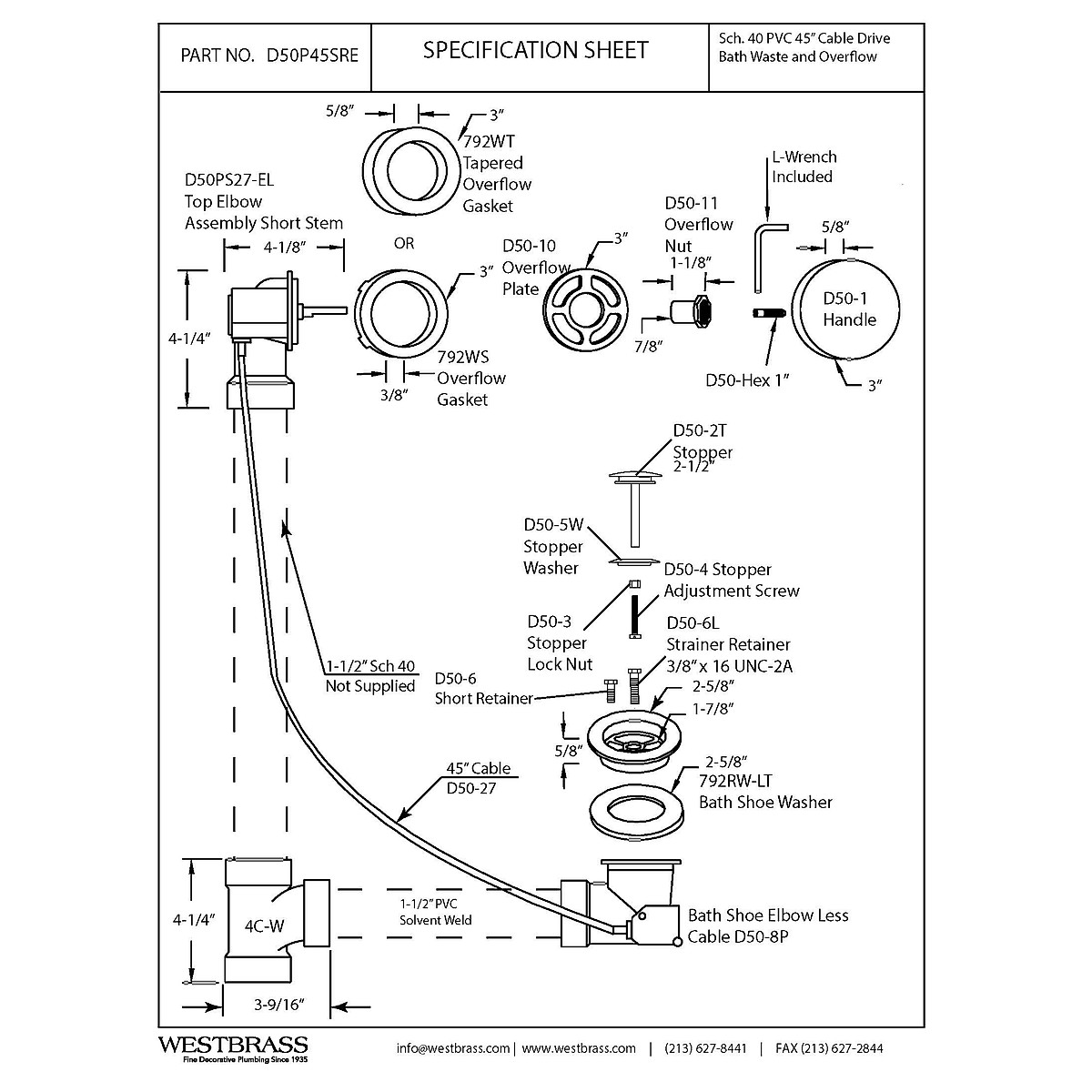 Westbrass D50P45SRE-05 45" Cable Drive Bathtub Drain Trim with Rotary Overflow Cover Knob, Pop-Up Stopper SCH. 40 PVC Fittings, Polished Nickel