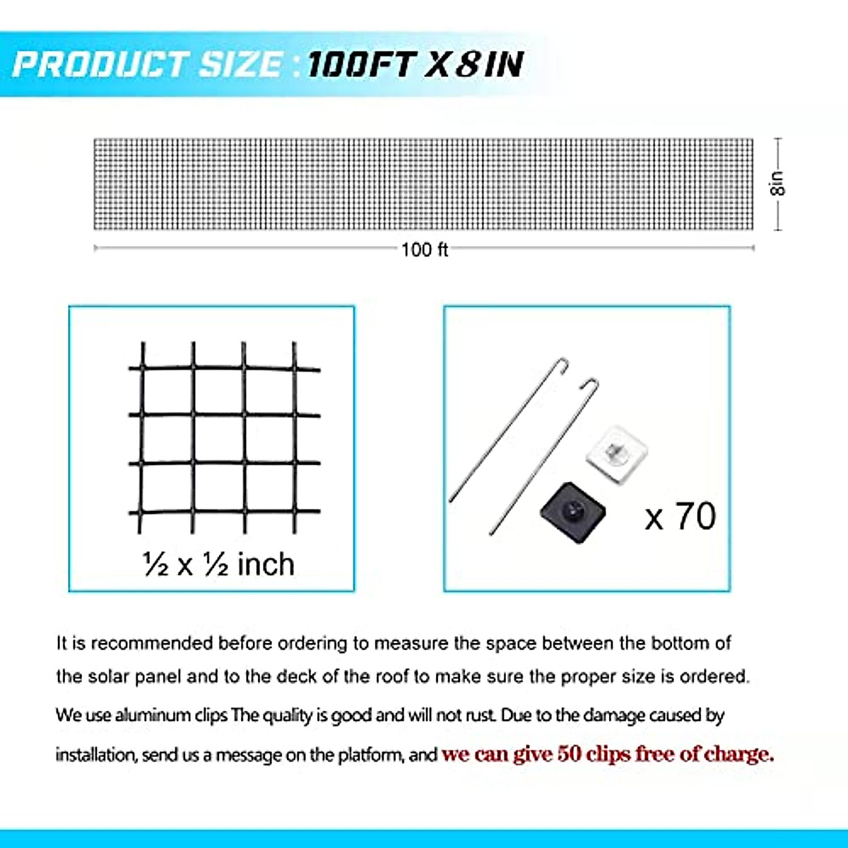 MEFBANT Solar Panel Bird Guard Mesh 7.99In x100 Ft 70 Aluminum Fasteners Solar Critter Guard Solar Panel Pigeon Guard Bird proofing Solar Panel Bird mesh PVC Coated Galvanized net Pigeon Deterrent