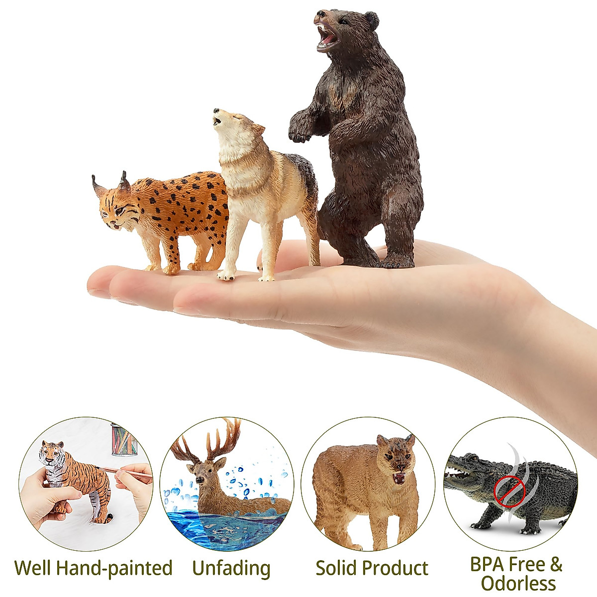 Toymany 12PCS North American Forest Animal Figurines, Realistic Jungle Animal Set Includes Raccoon,Lynx,Wolf,Bear,Eagle, Educational Toy Cake Toppers Christmas Birthday Gift for Kids Toddlers
