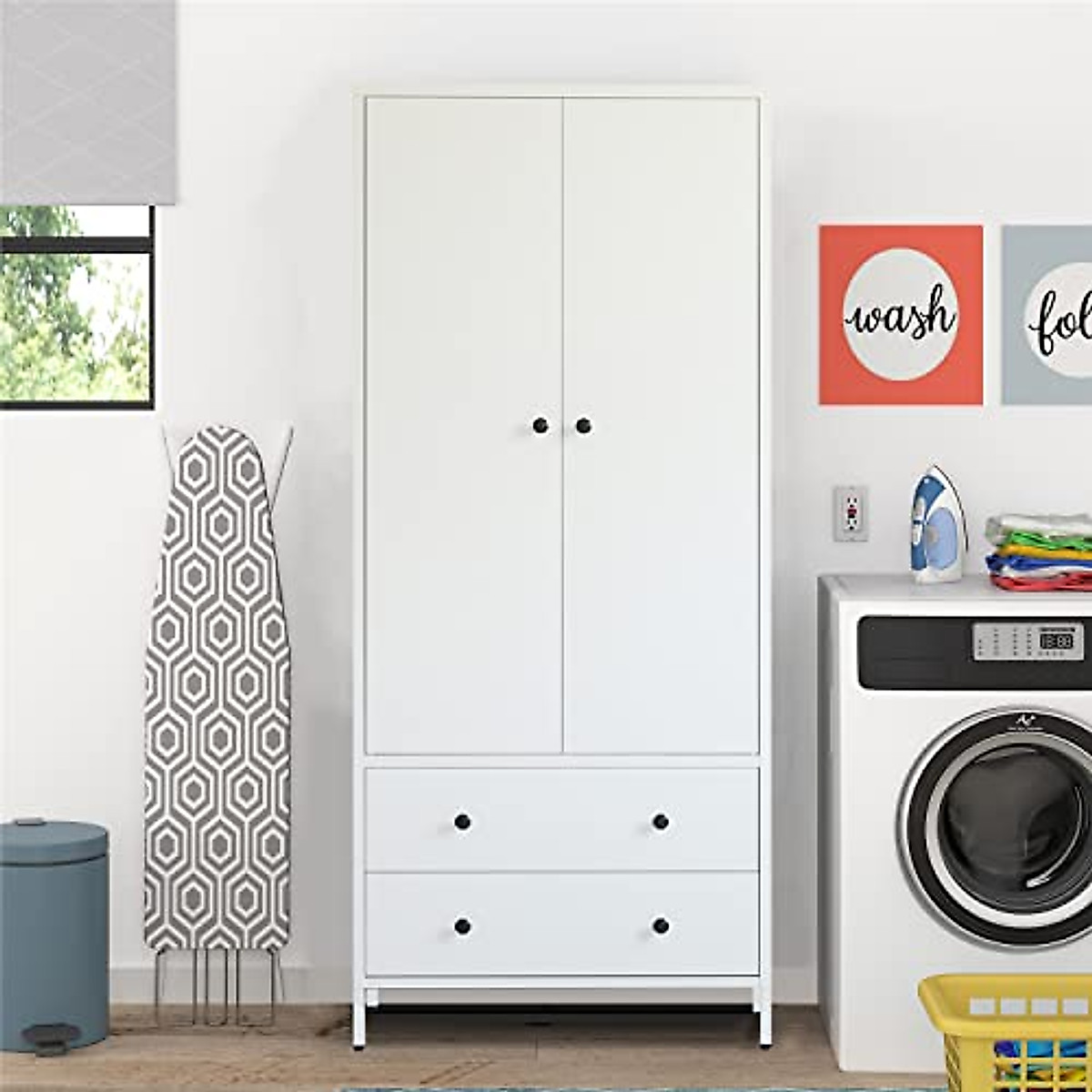 CJF Metal Storage Wardrobe with Hanging Rod, Armoire with 2 Doors and 2 Drawers，Steel Wardrobe Closet for Home, Office 74" H x 31.5" W x 20" D (White)