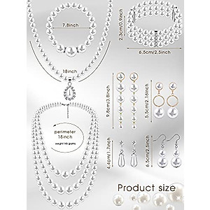 8 Pcs Pearl Necklace Earrings Set for Women, Includes Simulated Pearl Bracelet Faux Pearl Necklace Dangle Earrings (Bright Style)