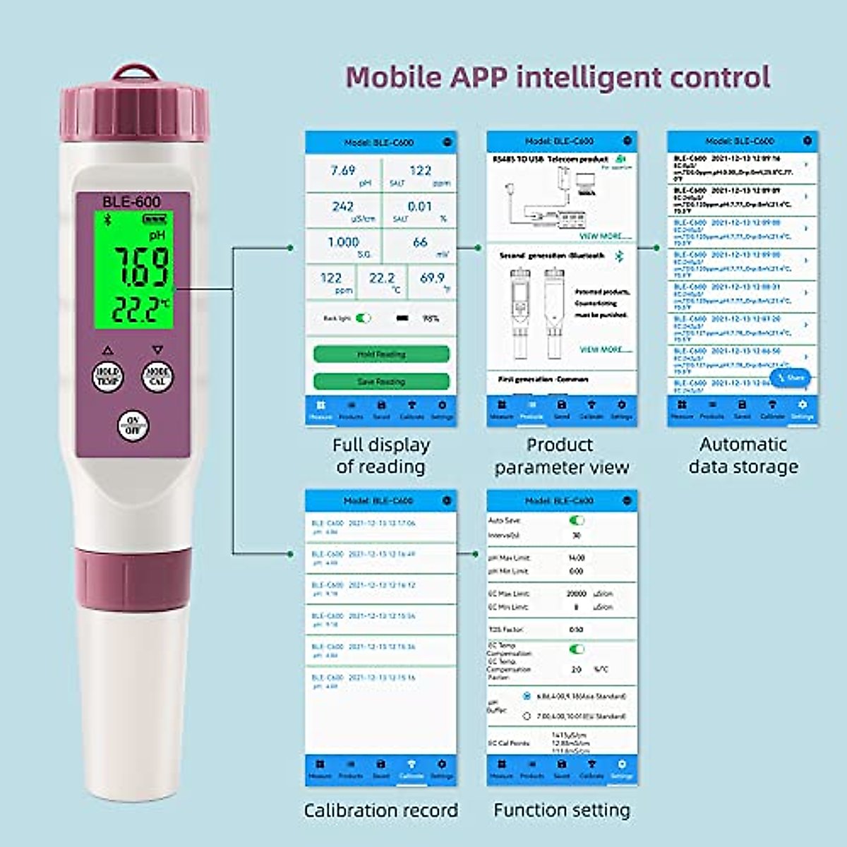 PH Meter Smart Bluetooth Water Tester,7-in-1 Tds Meter/Salinity Tester/pH Meter/EC Meter/Orp Meter/S.G Meter/Temp ph Tester,PH Meter for Water 0.01pH Resolution High Accuracy tds Meter with ATC.