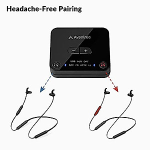 Avantree HT41866 Wireless Earbuds for TV Listening (Set of 2) with Bluetooth Transmitter, Individual Volume Control, 20Hrs Neckband Headphones, Plug & Play, No Audio Delay