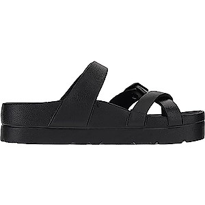 WHITIN Women's Platform Sandals with Arch Support Comfortable Size 8 Rubber Toe Loop Pillow Slides Slip on Lightweight EVA Thick Soles Adjustable Buckle Ultra Cushion Blak