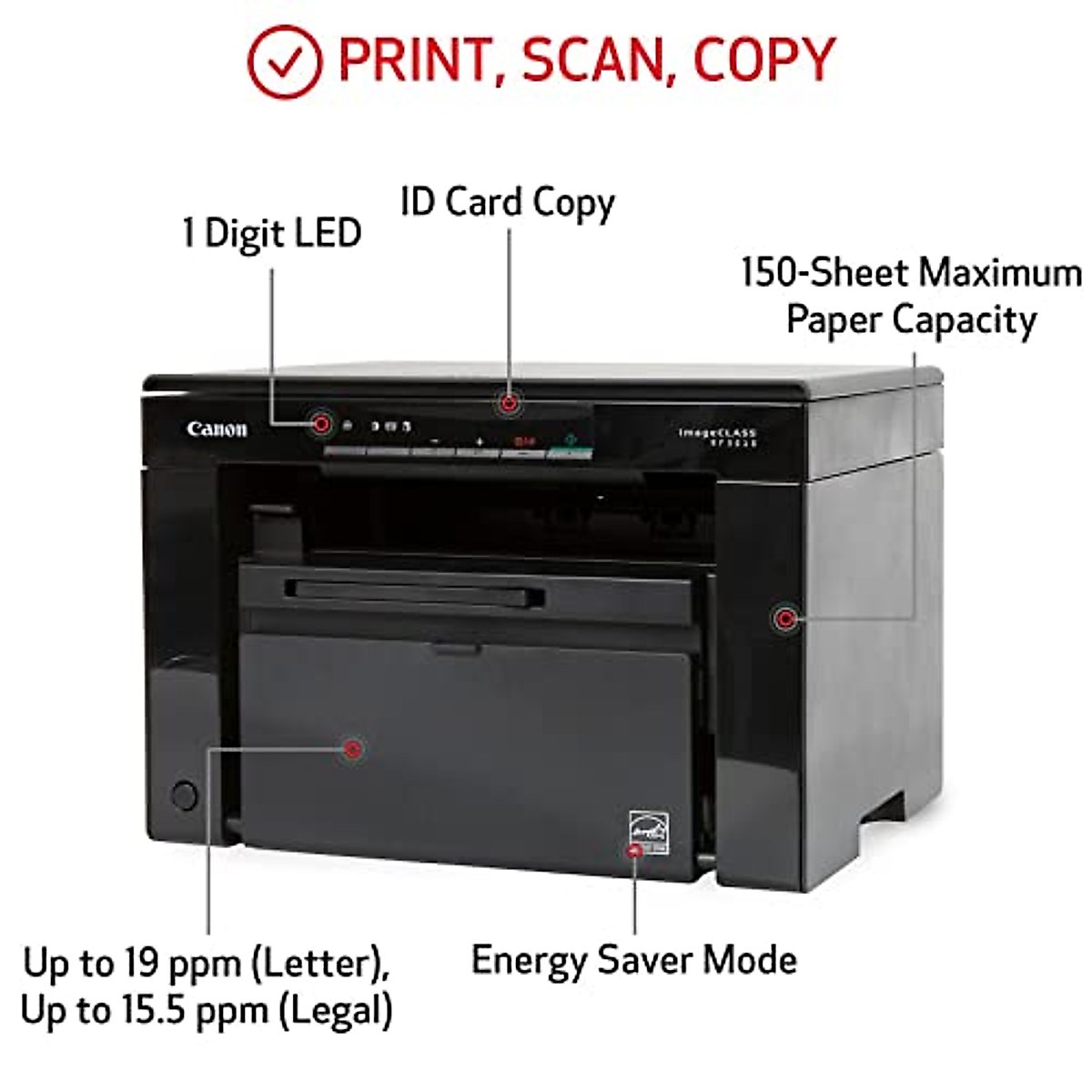 Canon imageCLASS MF3010 All-in-One Wired Monochrome Laser Printer with USB Connectivity, Black - LCD Display, Print Scan Copy - 19 ppm, 600 x 600 dpi, 150-sheet Paper Cassette