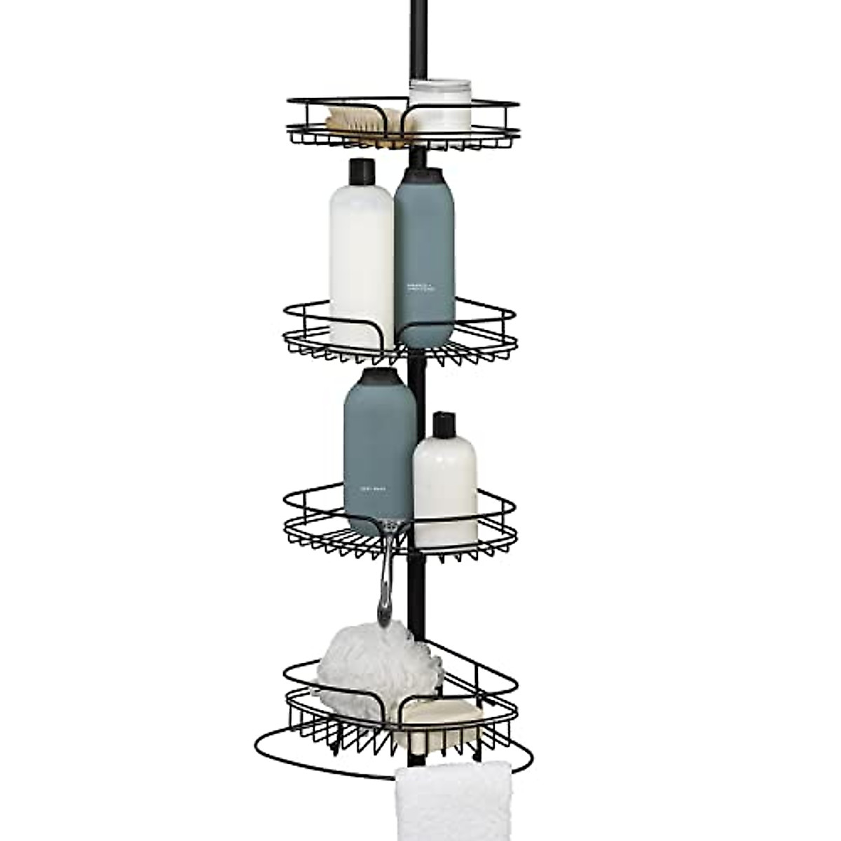 Zenna Home Rust-Resistant Corner Shower Caddy for Bathroom, 4 Adjustable Shelves with Towel Bar and Hooks, with Tension Pole, for Bath and Shower Storage, 60-97 Inch, Matte Black