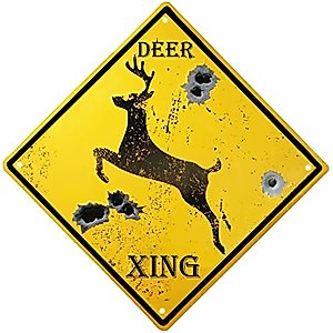 TISOSO Metal Running Deer Bullet Holes Crossing Signs Warning Street Road Tin Sign Vintage Outdoor Living Room Kitchen Decorations 12X12Inch