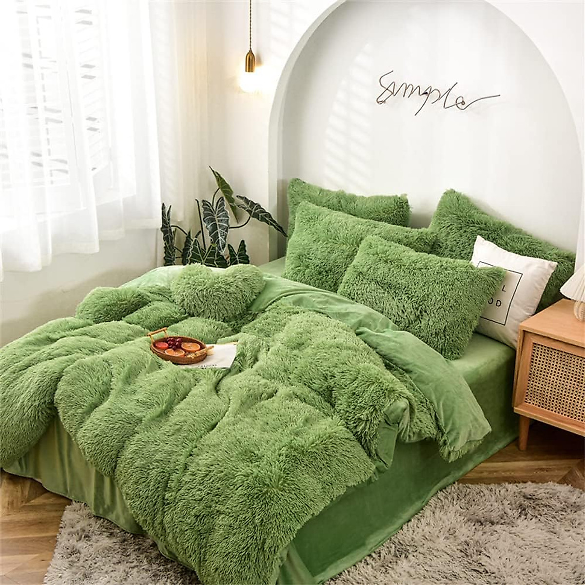 Gusuhome Fluffy Duvet Cover Set Full Size Green Ultra Soft Shaggy Fluffy Comforter Cover Set Fuzzy Quilt Cover Set Bedding Set 3Pcs (1Duvet Cover + 2Pillow Shams) with Zipper Closure Avocado Green