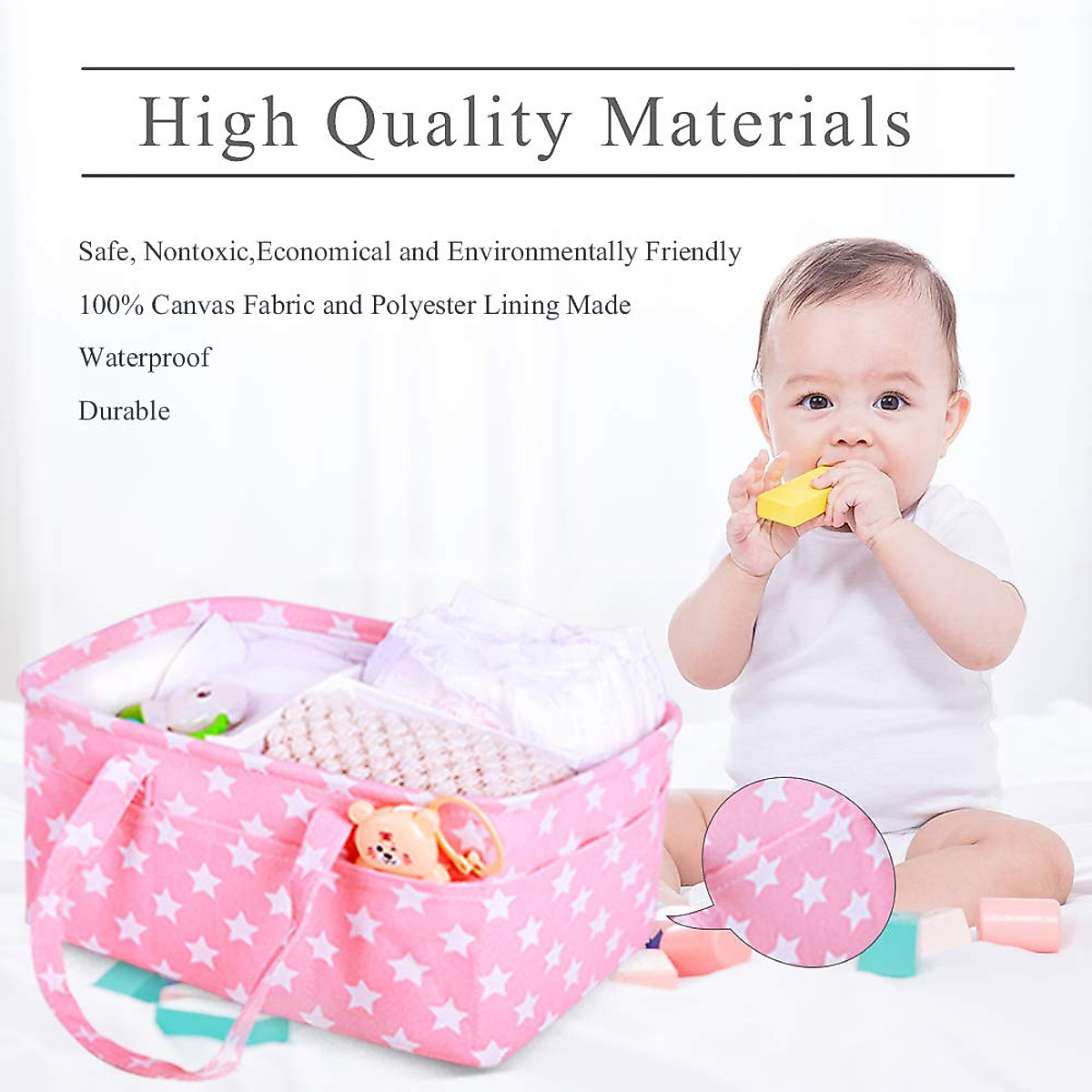 Baby Diaper Caddy Organizer- Stylish Nursery Caddy Organizer Large Portable Diaper Storage Basket for Changing Table & Car- Baby Shower Gifts Basket for Girl- Newborn Essentials Must Haves- Pink Stars