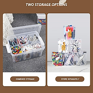 loobuu Plastic Storage Bins with Lids - 1 Pack Art Craft Supply Organizer Box with Brush Pot for Kids, 17 QT Stackable Clear Pen Container for Toy/Sewing/Comestic/Tool/Playdoh(15.93" x11.72"x7.19")