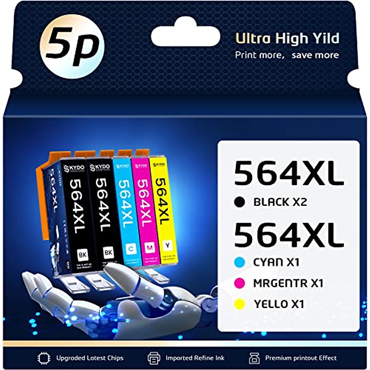 564XL Ink Cartridges for HP Printers 5-Pack Combo (2 Black, 1 Cyan, 1 Magenta, 1 Yellow) Works with Photosmart 7520 7525 5520 6520 6525 5510 6510 7510, DeskJet 3520 3522, OfficeJet 4610 4620 Printers