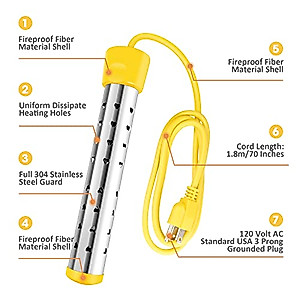Portals Hardware Immersion Water Heater for Boiling Bath Water,Portable Electric 304 Stainless with Guard Cover -LCD Thermometer MotorhomeTub,Boiling 5 Gallon Bucket of in Minutes (Yellow)