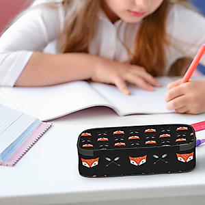 Xuwenz Fox Pencil Holder Bag Feather Arrows Cross Cunning Animal Black Pencil Case College Office School for Teens Boy Girl