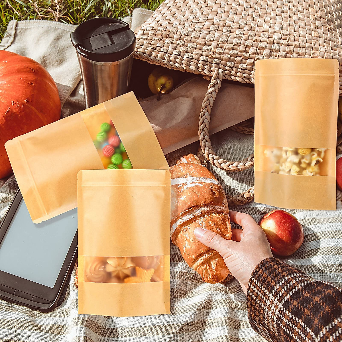 300 Pcs Kraft Bags with Window Kraft Stand up Pouches Bulk Kraft Zipper Lock Paper Bags Pouches Food Storage Bags Reusable Heat Sealable Bags for Packaging Home Office Business (6 x 9 Inch)