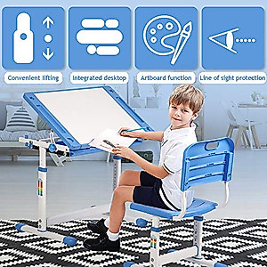 Kids Desk and Chair Set Adjustable Height Ergonomic Children's Table with Storage Drawer Kids Study Homework Desk Table for 3-15 Kids (Blue)