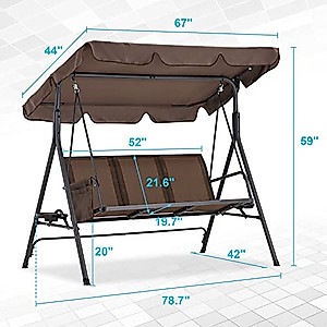 HABUTWAY Outdoor Patio Canopy Swing Chair,Porch Swing with Stand 3 Person,Heavy Duty Outdoor Swings for Deck,Backyard,Poolside,Textilene Fabric,Steel Frame,Storage Pocket,Utility Tray (Brown)