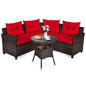 DORTALA 4-Piece Sectional Furniture Patio Set L-Shape Outdoor Wicker Sofa Set w/Cushions & Sophisticated Glass Coffee Table Couch Modern Deck Rattan Furniture for Garden Poolside Balcony, Red