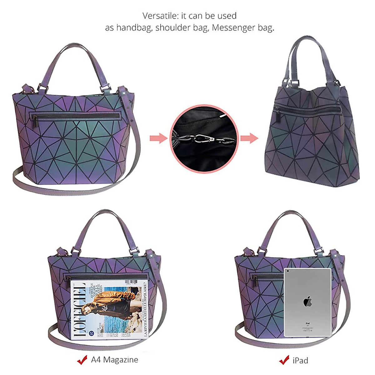 FOUCPOOM Geometric Luminous Purses and Handbags For Women Holographic Reflective Crossbody Bags Wallet Purse (Tassel handbag)