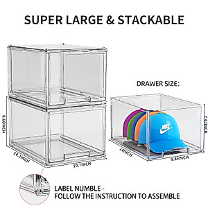 2 Pack Hat Organizer Box for Baseball Caps Organizer, Hat Organizer Box with Sliding Drawer, Hat Storage Organizer, Clear Drawer Stackable for Hats Snapback Cap Storage, Hat Display Case, Hat Holder
