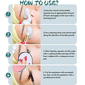 120ml/4.04fl.oz Eyelash Extension Cleanser, Lash Shampoo for Eyelash Extension Eyelash Brush with Cap Lash Fan Mascara Brush Wash Bottle Reusable Makeup Remover Pad, Paraben & Sulfate Free (Original)