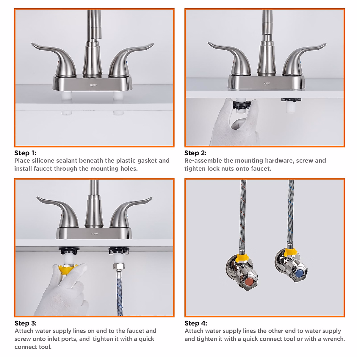 KPW Bathroom Sink Faucet 2 or 3 Hole Brushed Nickel Centerset 4 Inch Bathroom Sink Faucet 2 Handle Over ABS Non-Metallic Lavatory Bathroom Faucet with Pop up Drain Water Supply Hoses