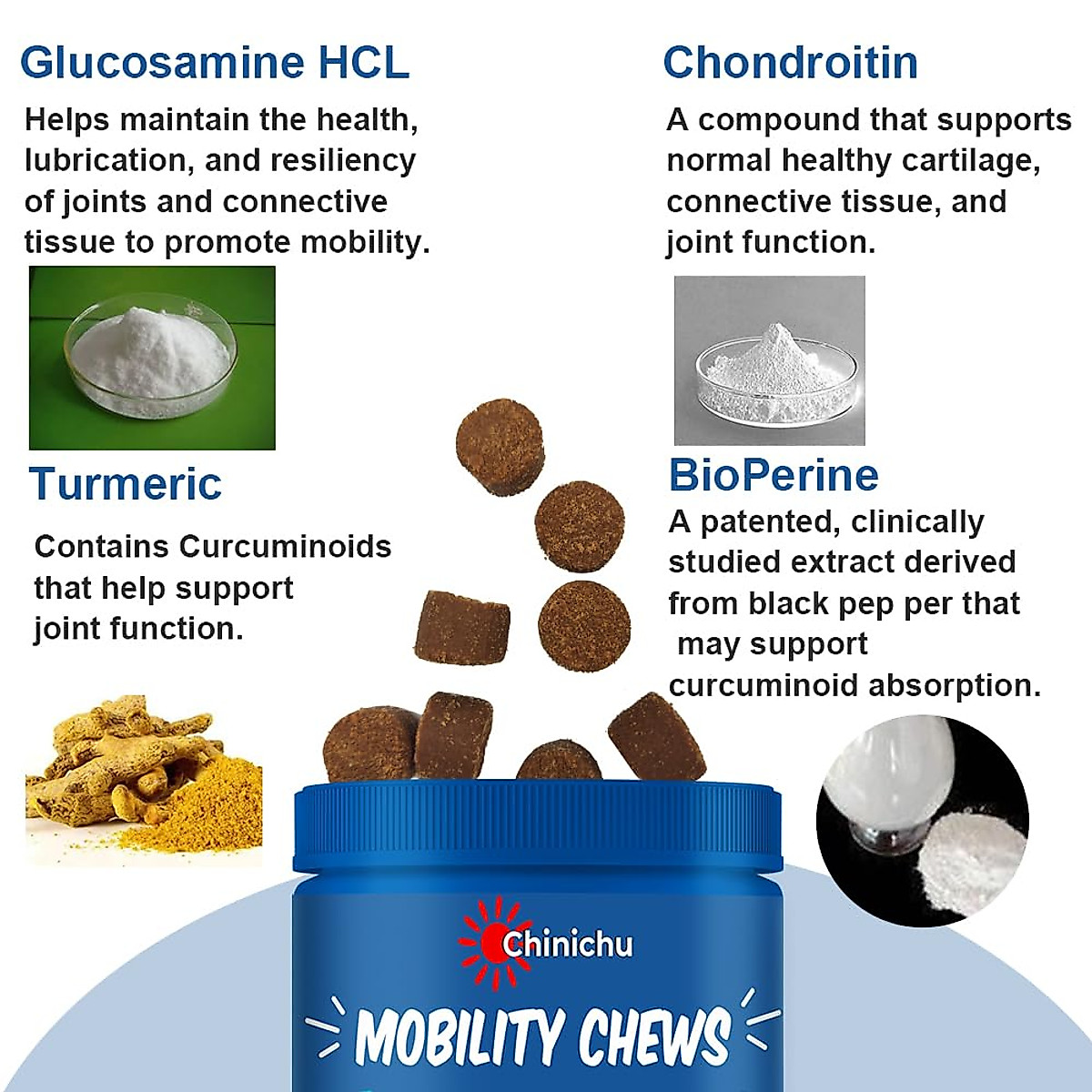 Chinichu Mobility Bites Dog Joint Supplement - Hip and Joint Chews for Dogs - Pet Products with Glucosamine, Chondroitin, & MSM + Vitamins C and E for Dog Joint Relief - Duck Flavor – 120 Count