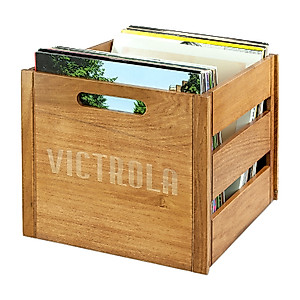 Victrola Wooden Crate - Table Top Album Holder and Organizer for All Records, Holds over 50 Vinyls, Classy Wood Finish, Easy Installation, Elegant Design