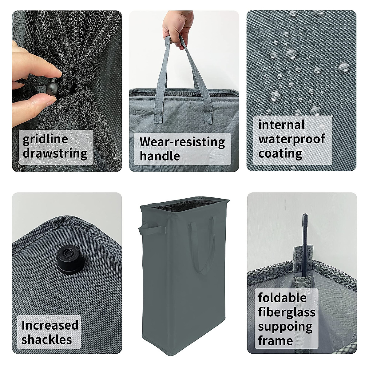 24Inch Slim Large Laundry Basket Collapsible Fabric Laundry Hamper Out Carrying Laundry Bag Tall Thin Dirty Laundry Hamper Basket Home Corner Bin（Grey）