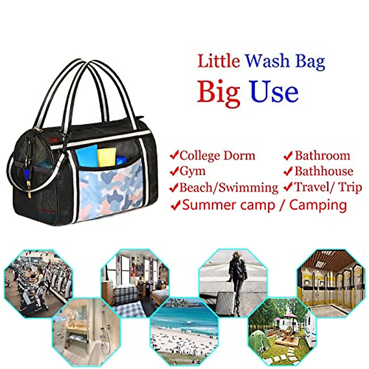 Ligereza Mesh Shower Caddy Basket for College Dorm Room Essentials, Bathroom Accessories, Gym Bathroom, Camping, Multiple Suspension Methods And Large Capacity, Portable Shower Caddy Bag (Black).