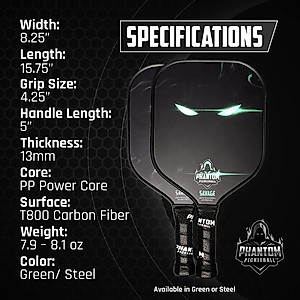 Phantom SAVAGE 13mm Carbon Fiber Wide Body Pickleball Paddles - Max Grit and Spin - USAPA Approved – Pickleball Rackets - Pickle-Ball Equipment with Polypropylene Core – Lightweight (Green)