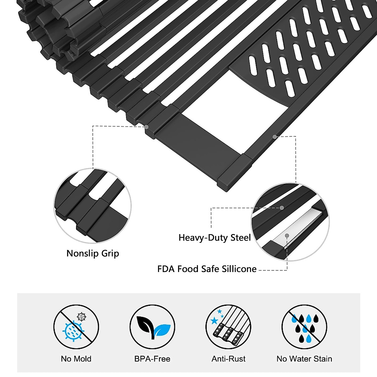 Arausk 16.7" x 14.5" Roll up Dish Drying Rack Silicone Coated Portable Dish Rack Dish Drainer Foldable Stainless Steel Over Sink Kitchen Drainer Rack for Cups Vegetables (XL)