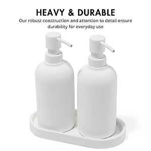 Yew Design - Matte White Soap Dispenser Set with Tray, 2 Pack 15oz Round Rustproof Liquid Hand Dish Soap Dispensers with Tray for Kitchen Sink, Countertop, and Bathroom