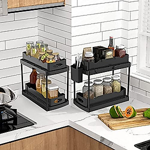 2 Pack Under Sink Organizer, 2 Tier Double Sliding Under Sink Organizers and Storage Multi-Purpose Under Cabinet Storage with Hooks, Hanging Cup, Dividers, for Bathroom Kitchen