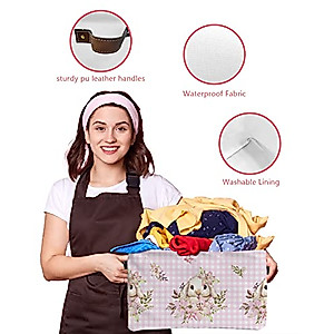 Easter Storage Bins with Handles, Bunny Spring Flowers Lop Rabbit Pink Plaid Storage Basket for Shelves, Cube Storage Organizer Bins for Toys, Closet (2 Pack, 15" x 11" x 9.5")