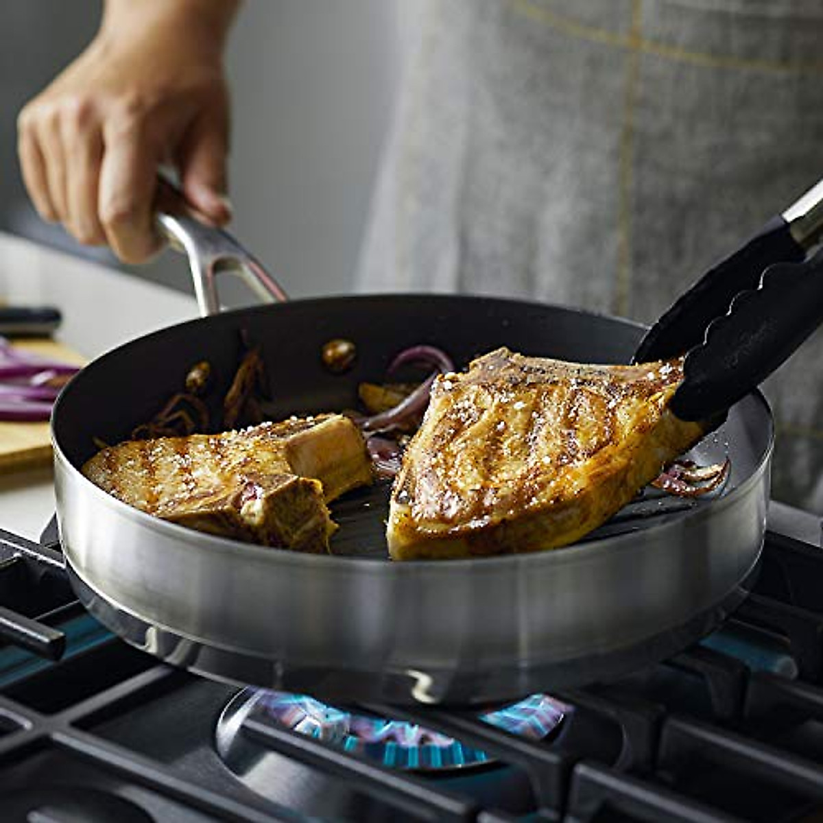 KitchenAid 3-Ply Base Brushed Stainless Steel Nonstick Round Grill Pan/Griddle, 10.25 Inch