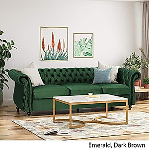 Great Deal Furniture Vita Chesterfield Tufted Jewel Toned Velvet Sofa with Scroll Arms, Emerald