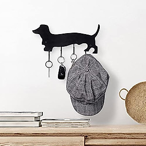 MyGift Wall Mounted Black Metal Coat Rack and Key Rack with Dachshund Dog Cut Out Design, Hanging Dog Leash Organizer Rack with 4 Hooks
