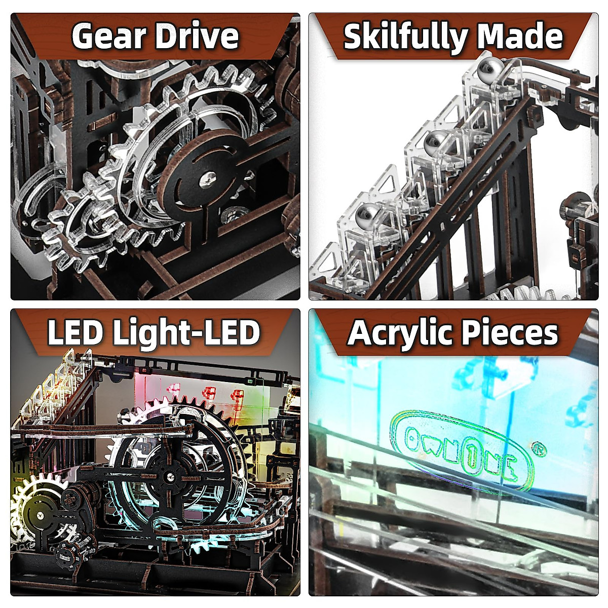 OWNONE 1 3D Wooden Puzzle Marble Run with LED Lights, Wooden Model Building Kits for Adults, Wood Mechanical Puzzle Building Set, Office Desk Decor Gift for Men Adults (312 PCS)